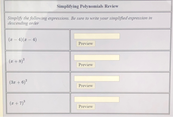 Solved Simplifying Polynomials Review Simplify the following | Chegg.com