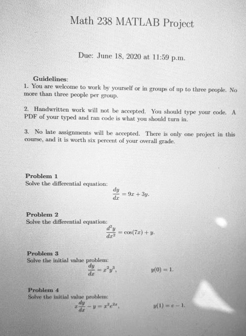 Solved Math 238 Matlab Project Due June 18 2020 At 1159