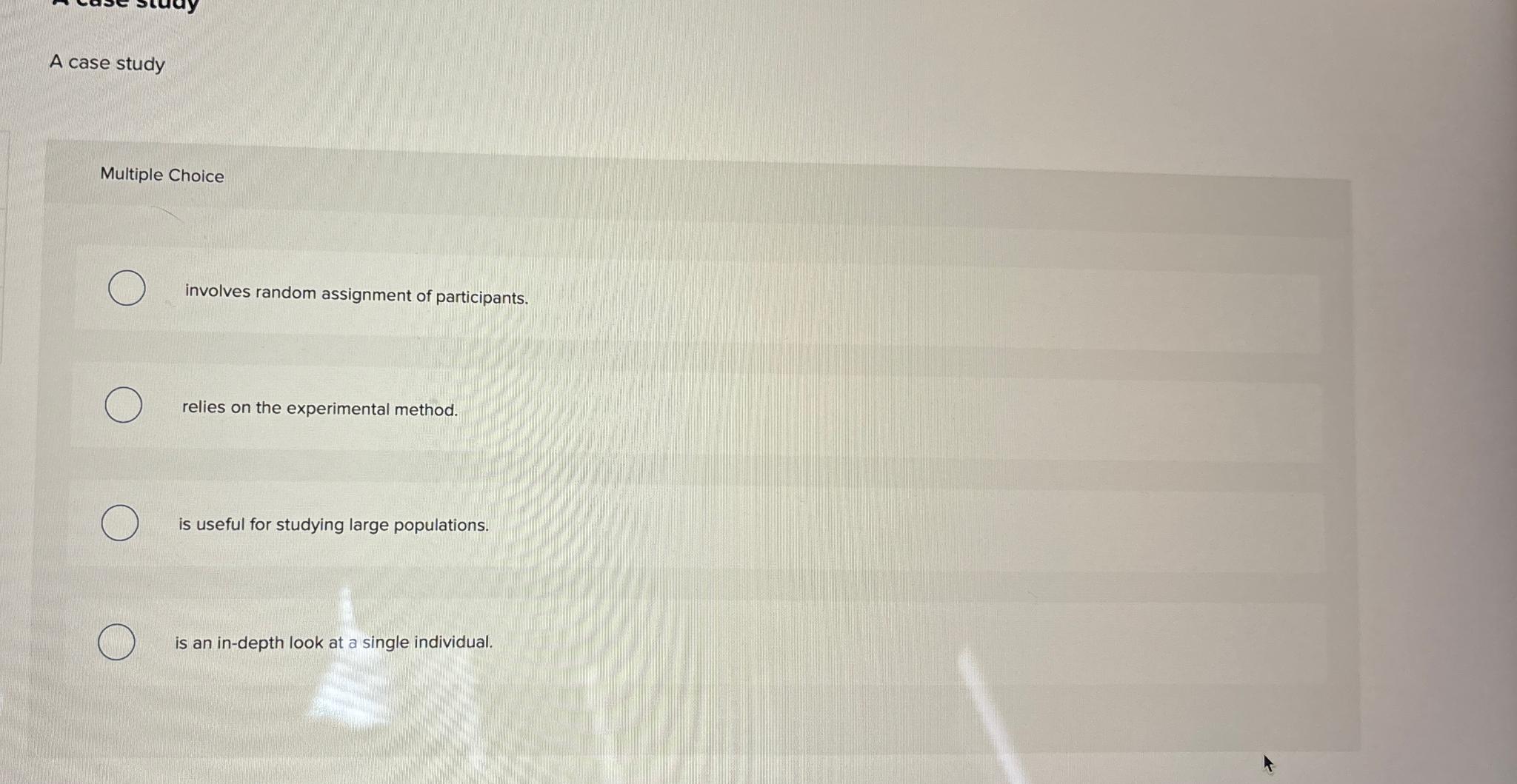 Solved A case studyMultiple Choiceinvolves random assignment | Chegg.com