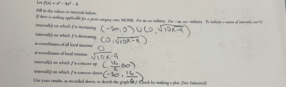 Solved Let f(x)=x3-8x2-3.Fill in the values or intervals | Chegg.com