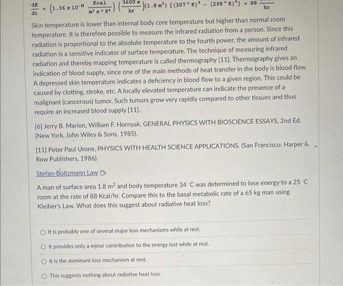 Solved READING 2 RADIATIVE HEAT LOSS: In the resting | Chegg.com
