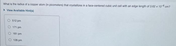 Solved What is the radius of a copper atom (in picometers) | Chegg.com