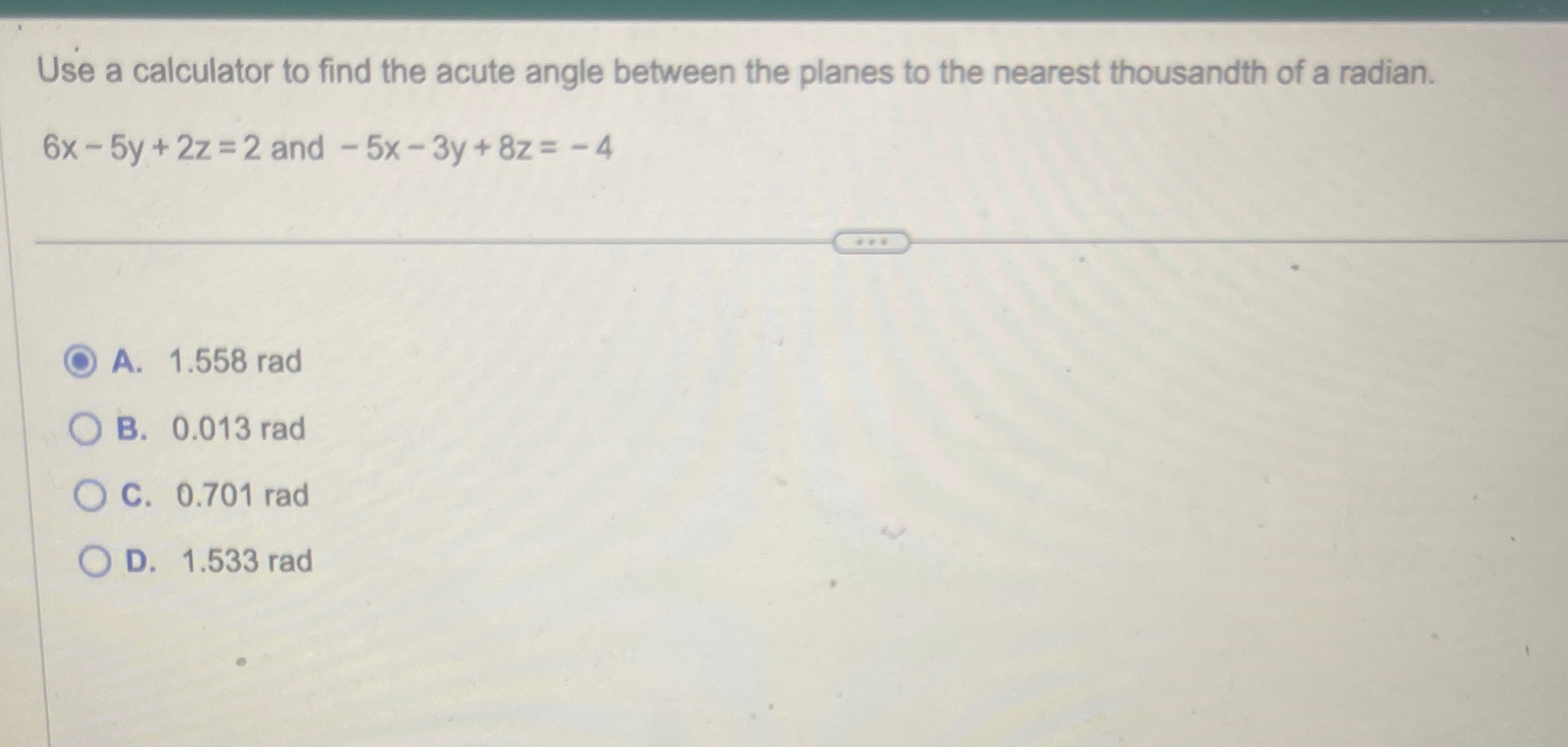 Solved Use a calculator to find the acute angle between the | Chegg.com