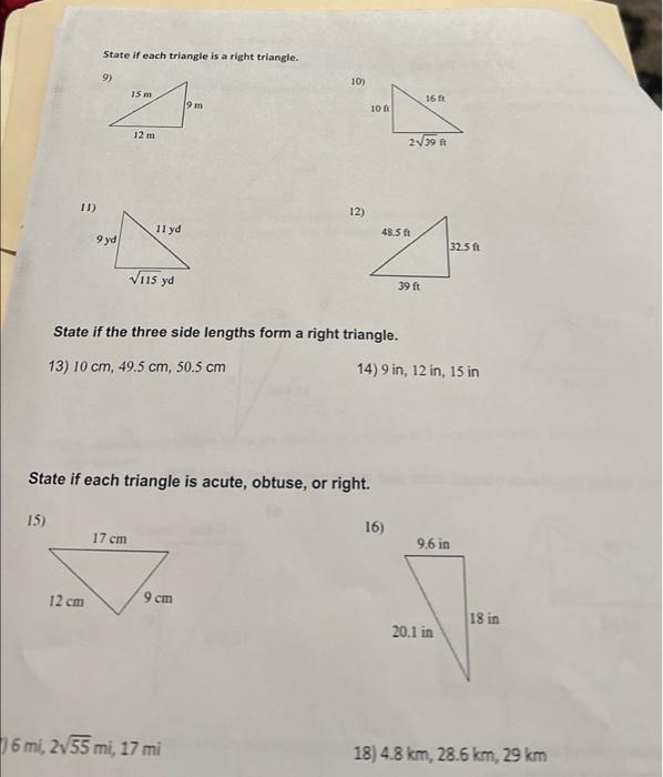 Solved State If Each Triangle Is A Right Triangle 10 State Chegg