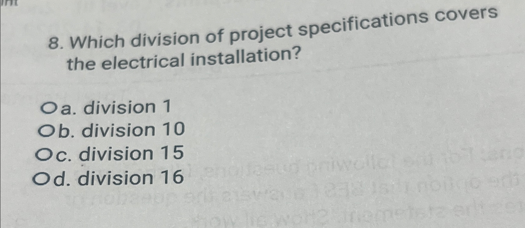Solved Which division of project specifications covers the | Chegg.com