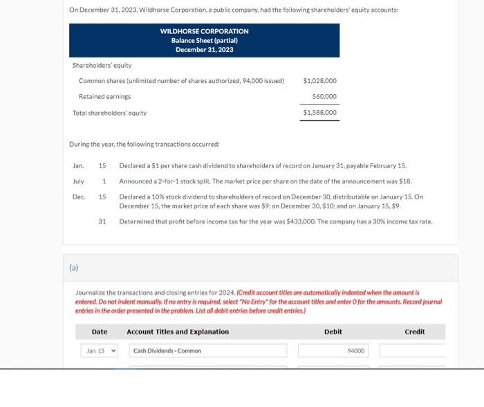 Solved prepare the shareholders equity section of the | Chegg.com