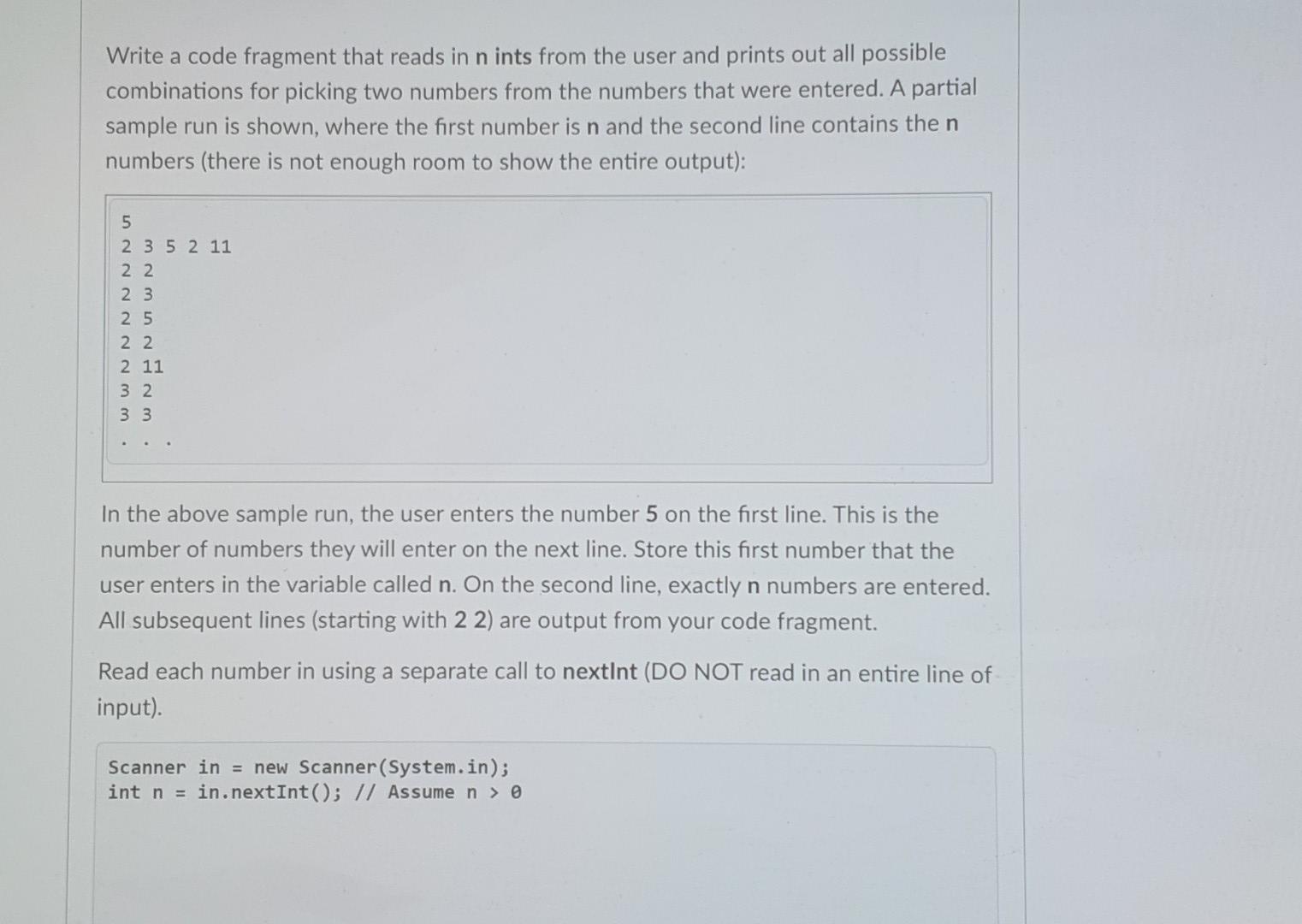 Solved Write a code fragment that reads in n ints from the | Chegg.com