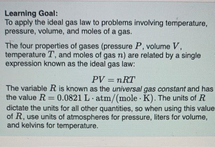 Solved Learning Goal: To apply the ideal gas law to problems | Chegg.com