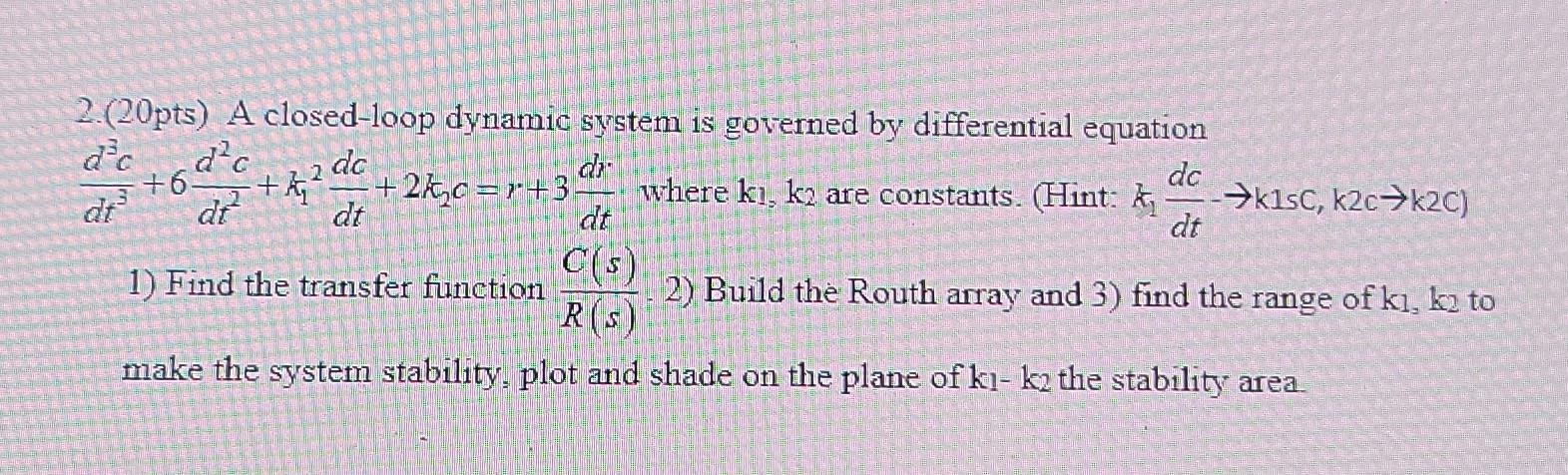 Solved 2.(20pts) A closed-loop dynamic system is governed by | Chegg.com