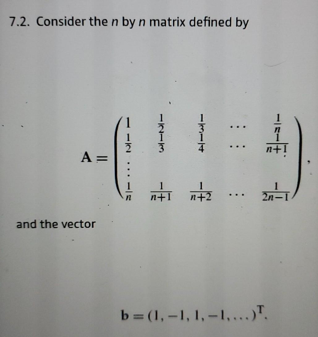 Solved 7.2. Consider the n by n matrix defined by 2 1 1 n+! | Chegg.com