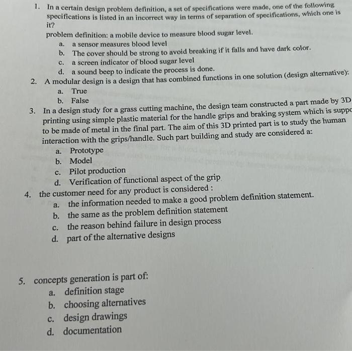 Solved 1. In a certain design problem definition, a set of | Chegg.com