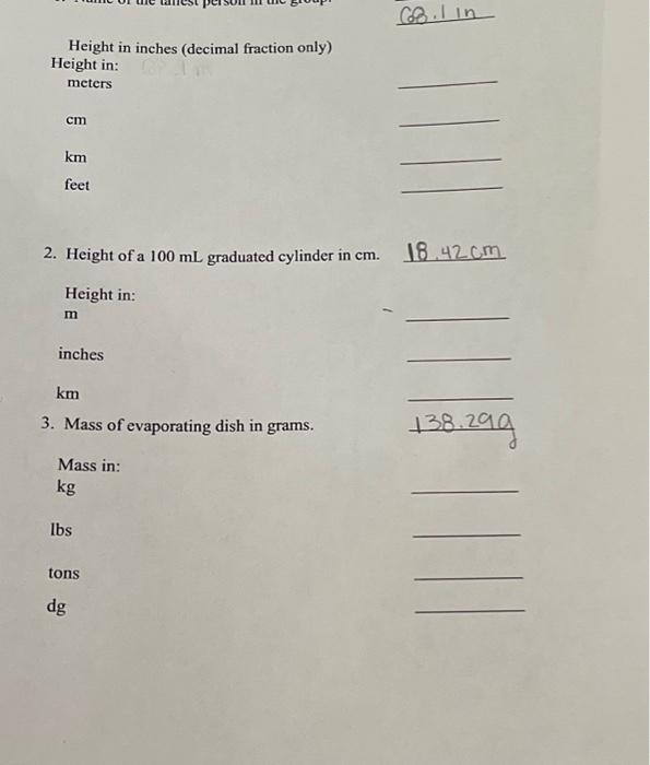 Solved Height in inches (decimal fraction only) Height in: | Chegg.com