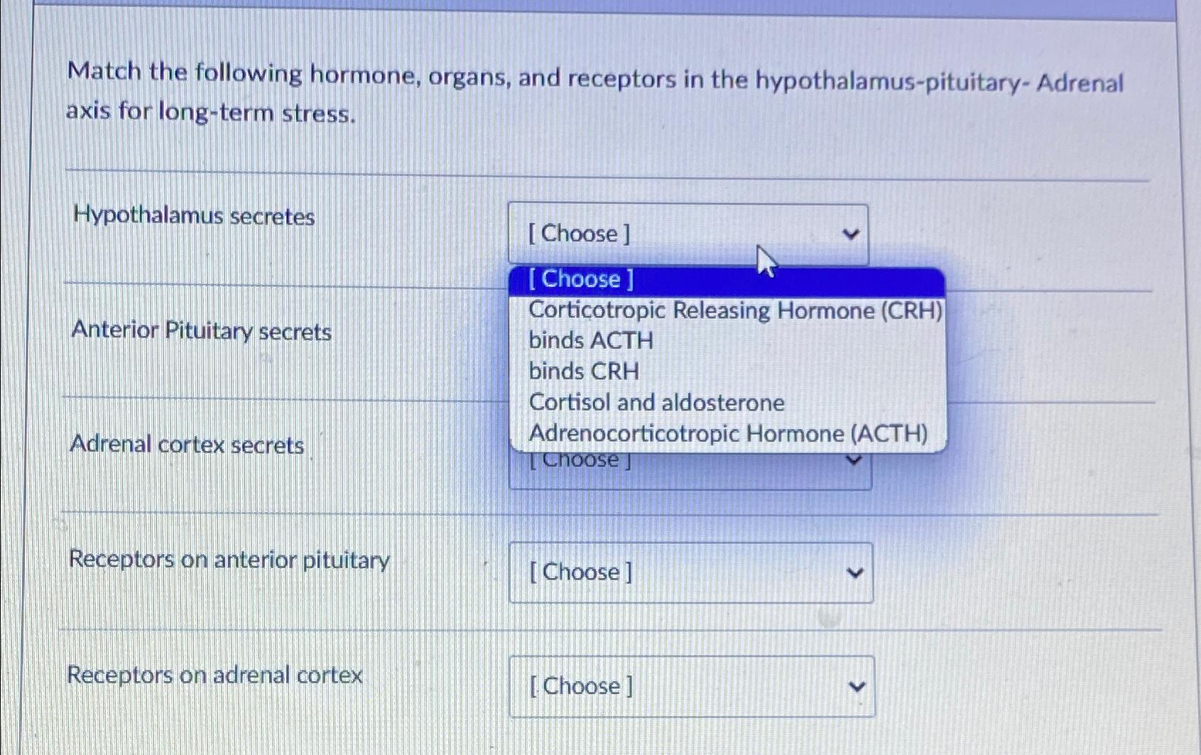 Solved Match the following hormone, organs, and receptors in | Chegg.com