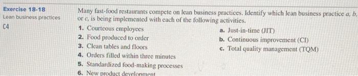 Solved Exercise 18-18 Lean business practices 04 Many | Chegg.com