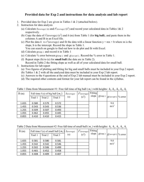 Solved Provided data for Exp 2 and instructions for data | Chegg.com