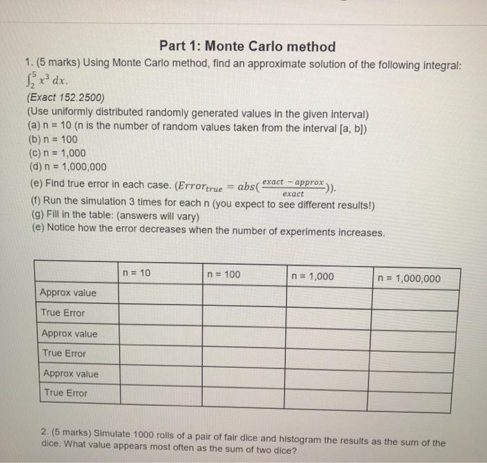 Solved Part 1: Monte Carlo method 1. (5 marks) Using Monte | Chegg.com