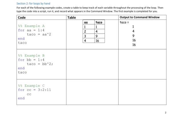 Section 2: for loops by hand For each of the | Chegg.com