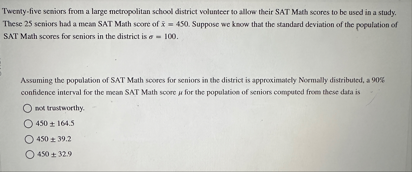 Solved Twenty-five seniors from a large metropolitan school | Chegg.com
