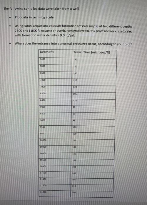 The following sonic log data were taken from a well. | Chegg.com
