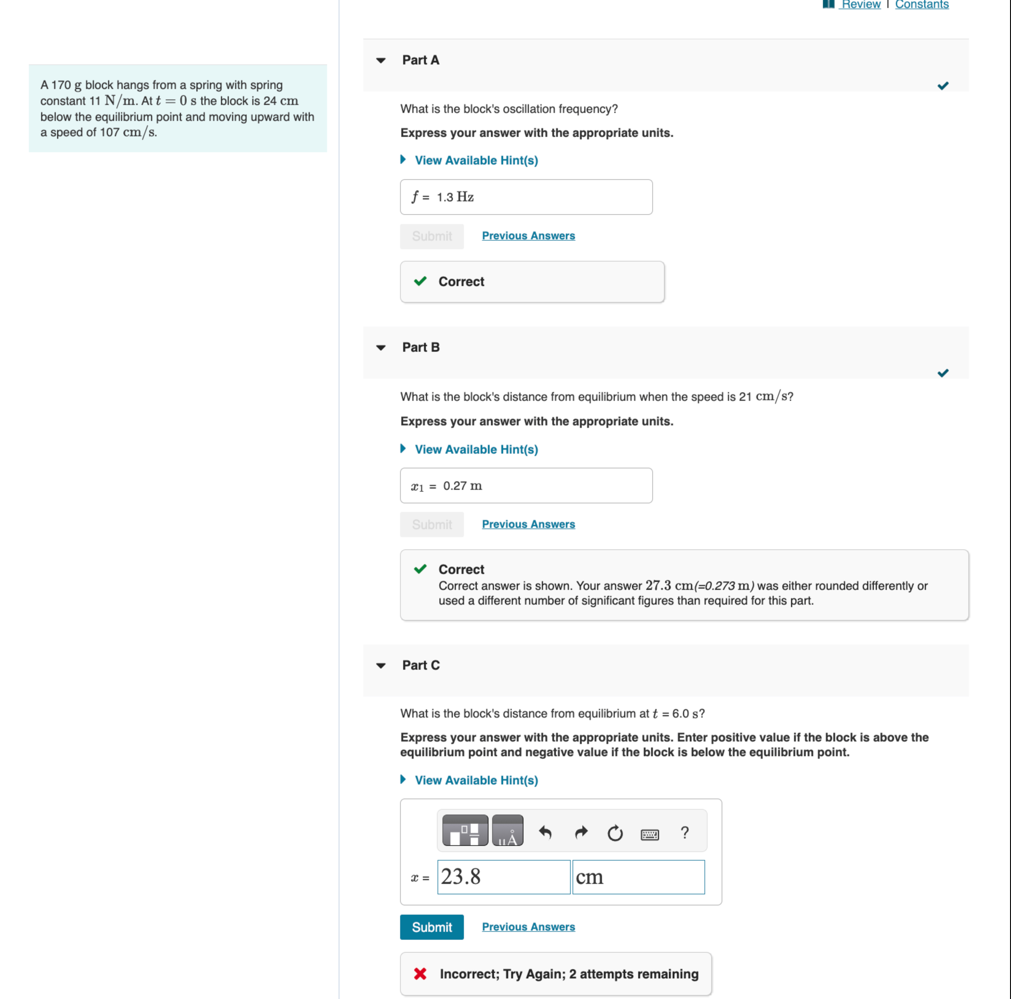 Solved Part AA 170g ﻿block hangs from a spring with | Chegg.com