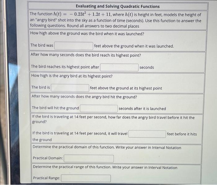 Solved Evaluating and Solving Quadratic Functions The | Chegg.com