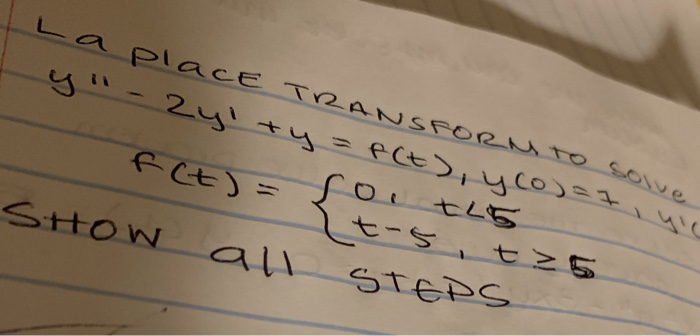 Solved La placE TRANSFORMto solve y" - 2ylty = f(t), yco)=7, | Chegg.com