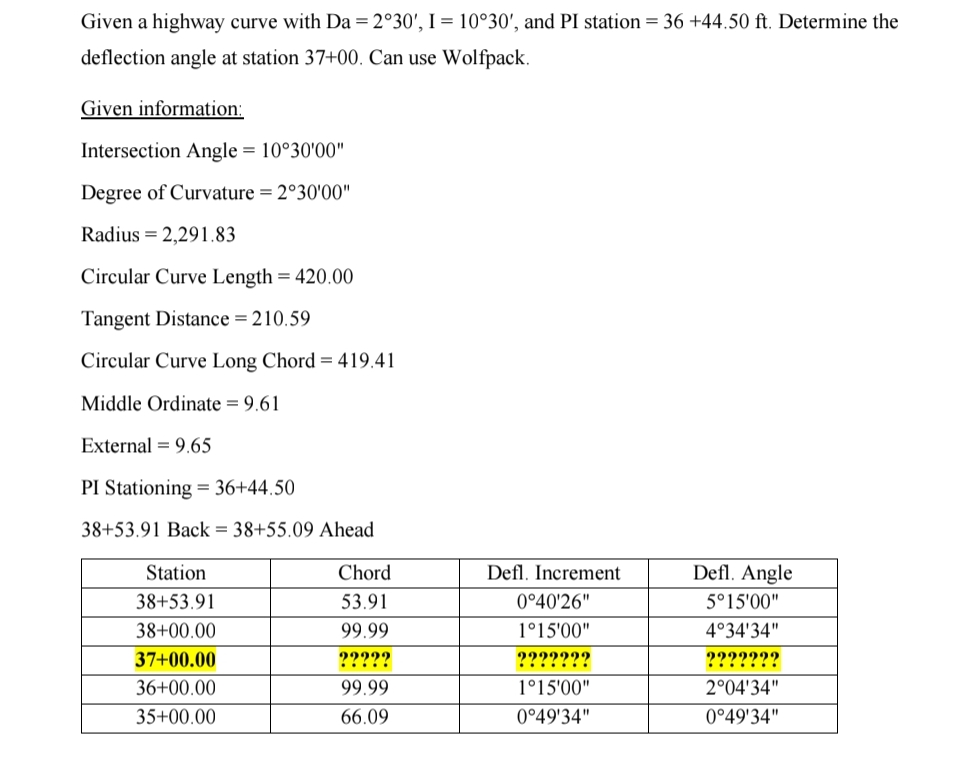 Solved Given a highway curve with Da=2°30',I=10°30', ﻿and PI | Chegg.com