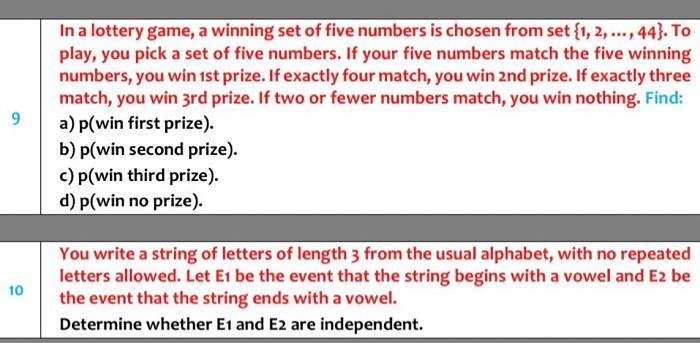 Solved In a lottery game, a winning set of five numbers is | Chegg.com