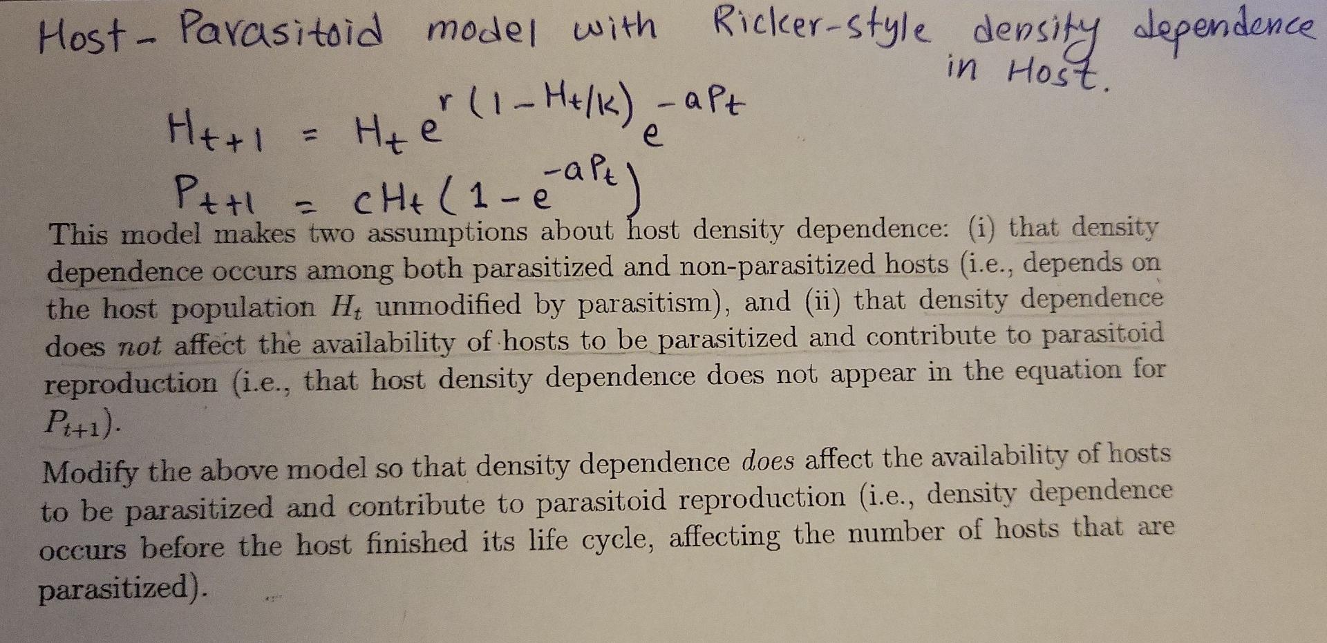 in Host. Host - Parasitoid model with Ricker-style | Chegg.com