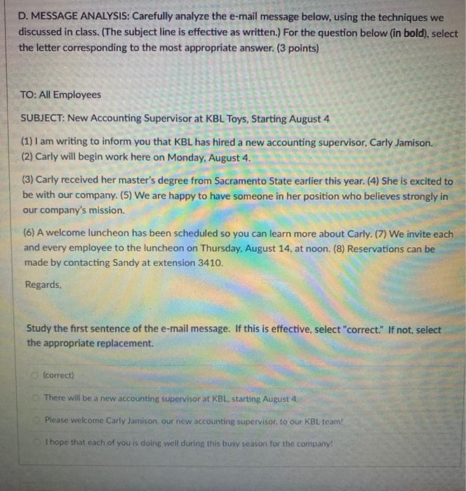 Solved D. MESSAGE ANALYSIS: Carefully analyze the e-mail | Chegg.com