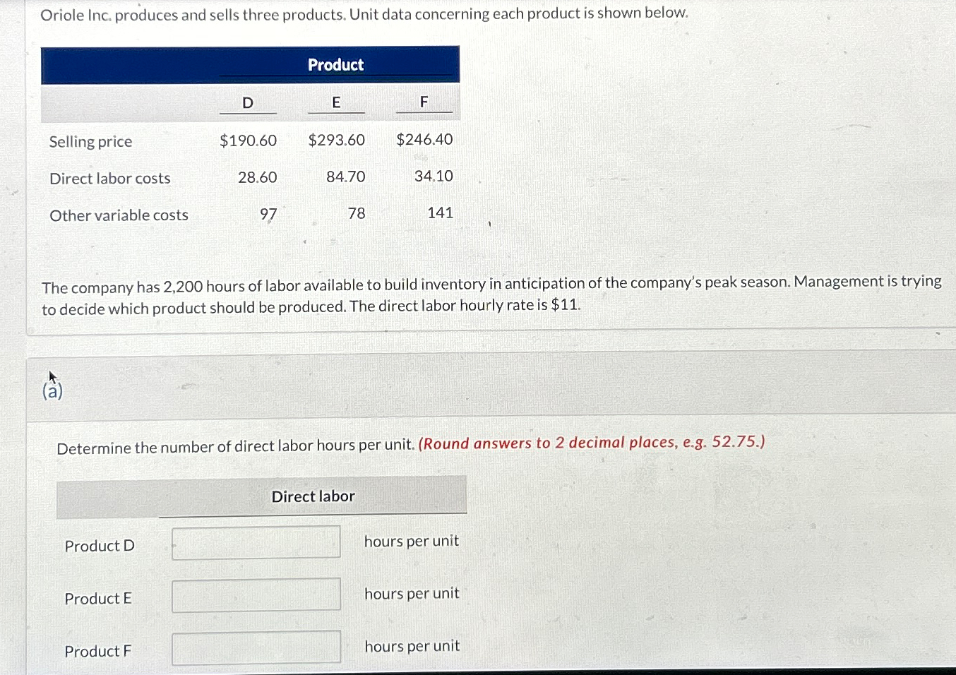 Solved Oriole Inc. produces and sells three products. Unit | Chegg.com