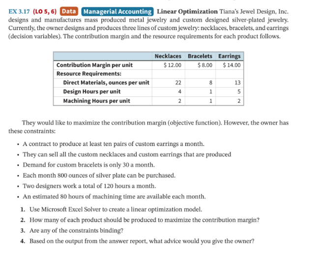 Solved EX 3.17 (L0 5, 6) ﻿Data Managerial Accounting Linear | Chegg.com