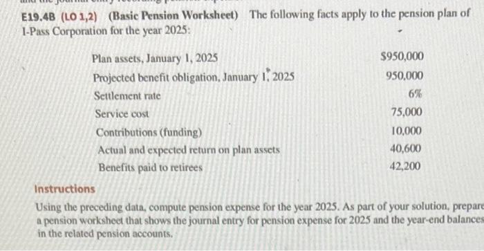 Solved E19.4B (LO 1,2) (Basic Pension Worksheet) The | Chegg.com