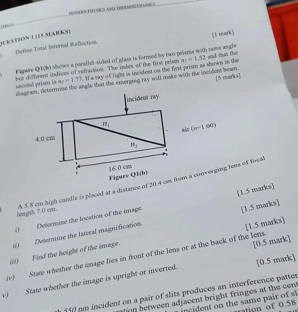 Solved Define Total Internal Reflection. Figure Q1(b) shows | Chegg.com