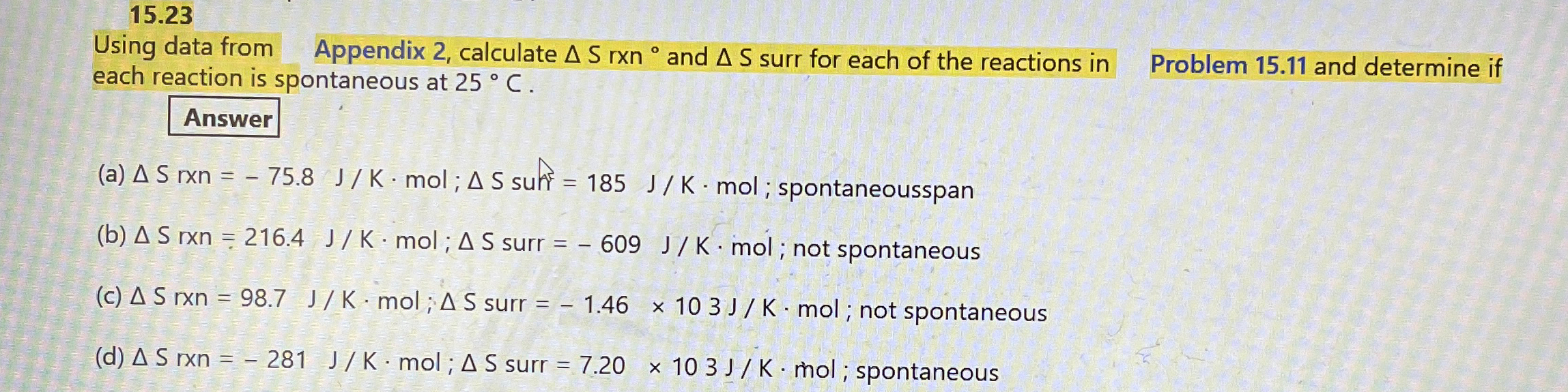 15.23Using data from Appendix 2, ﻿calculate ΔSrxn° | Chegg.com