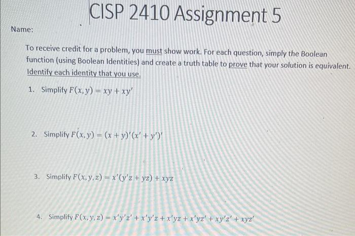 Solved CISP 2410 Assignment 5 Name: a To receive credit for | Chegg.com