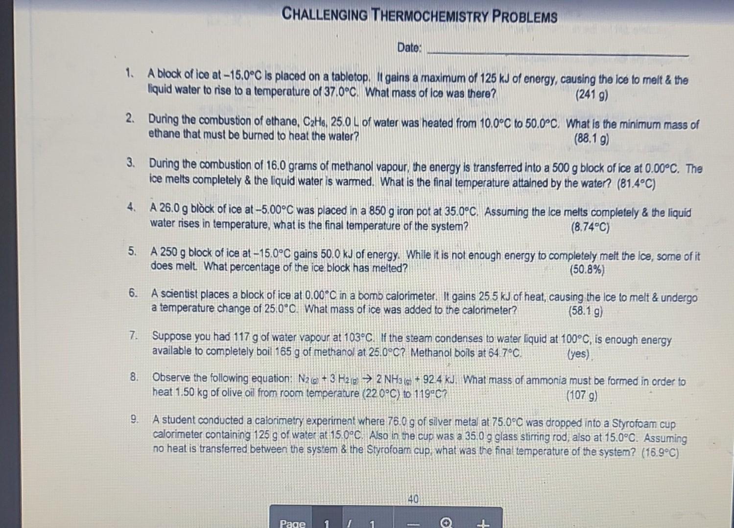 Solved Phase Change Thermochemistry Problems Date: 1. | Chegg.com