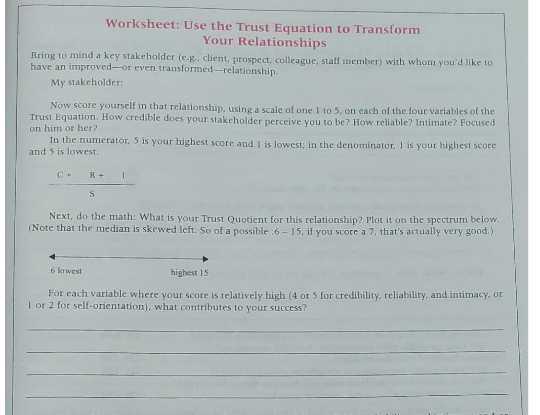 Solved Worksheet: Use the Trust Equation to Transform Your | Chegg.com