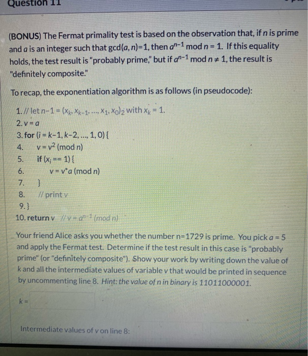 Question 11 (BONUS) The Fermat primality test is | Chegg.com