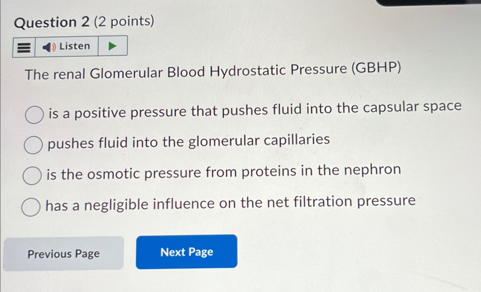 Solved The renal glomerular blood hydrostatic pressure | Chegg.com