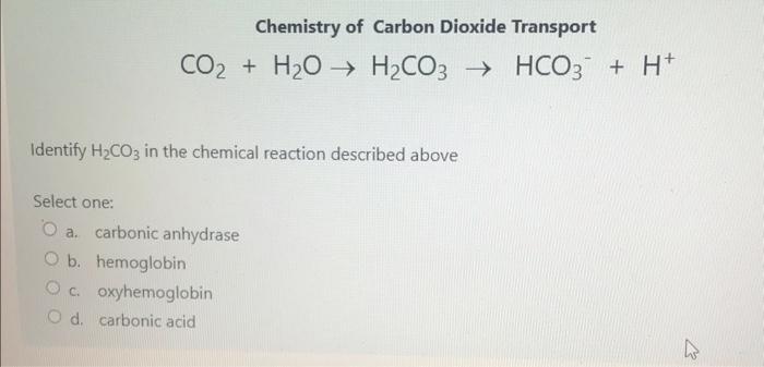 Solved Chemistry of Carbon Dioxide Transport CO2 + H2O → | Chegg.com