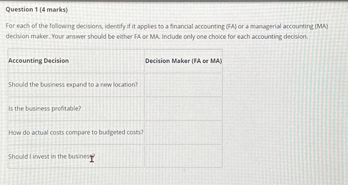 Solved Question 1 (4 marks) For each of the following | Chegg.com