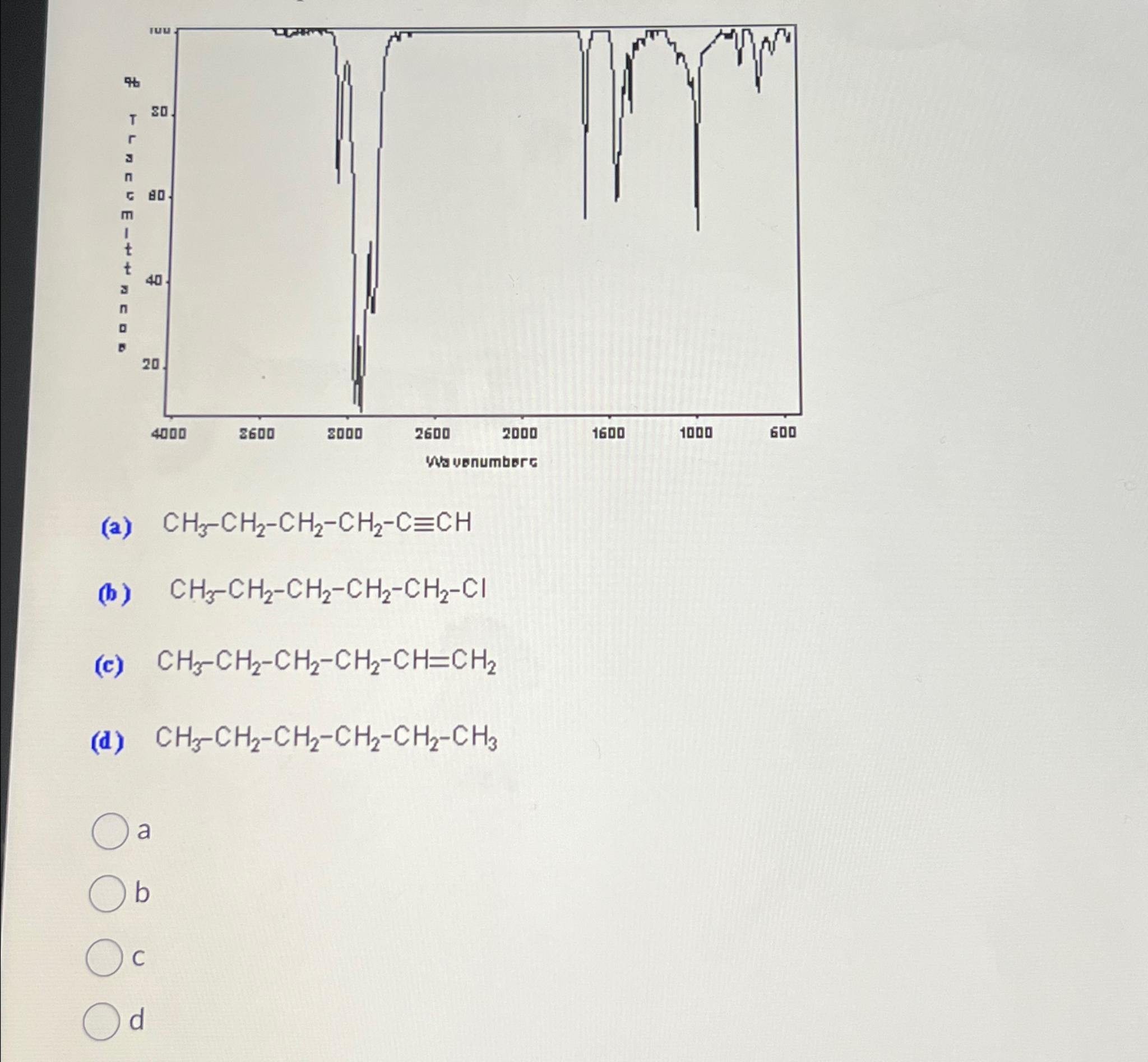 Solved (a) CH3-CH2-CH2-CH2-C-=CH(b) CH3-CH2-CH2-CH2-CH2-Cl(c | Chegg.com