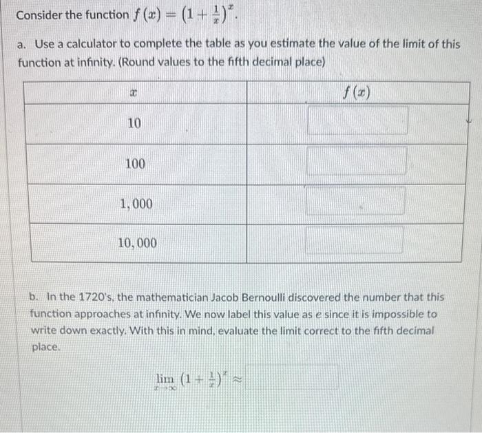 Solved Consider the function f(x)=(1+x1)x. a. Use a | Chegg.com