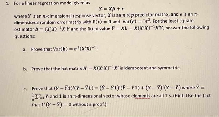 Solved Y=Xβ+ϵ where Y is an n-dimensional response vector, X | Chegg.com