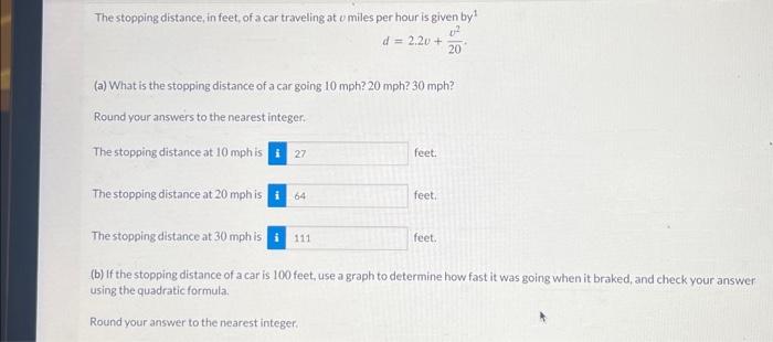 Solved The stopping distance, in feet, of a car traveling at | Chegg.com