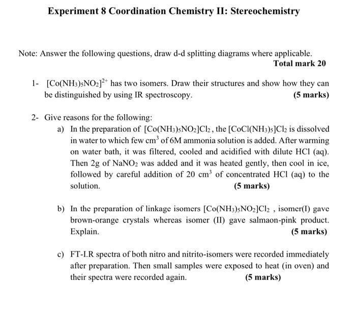 Solved Experiment 8 Coordination Chemistry II: | Chegg.com