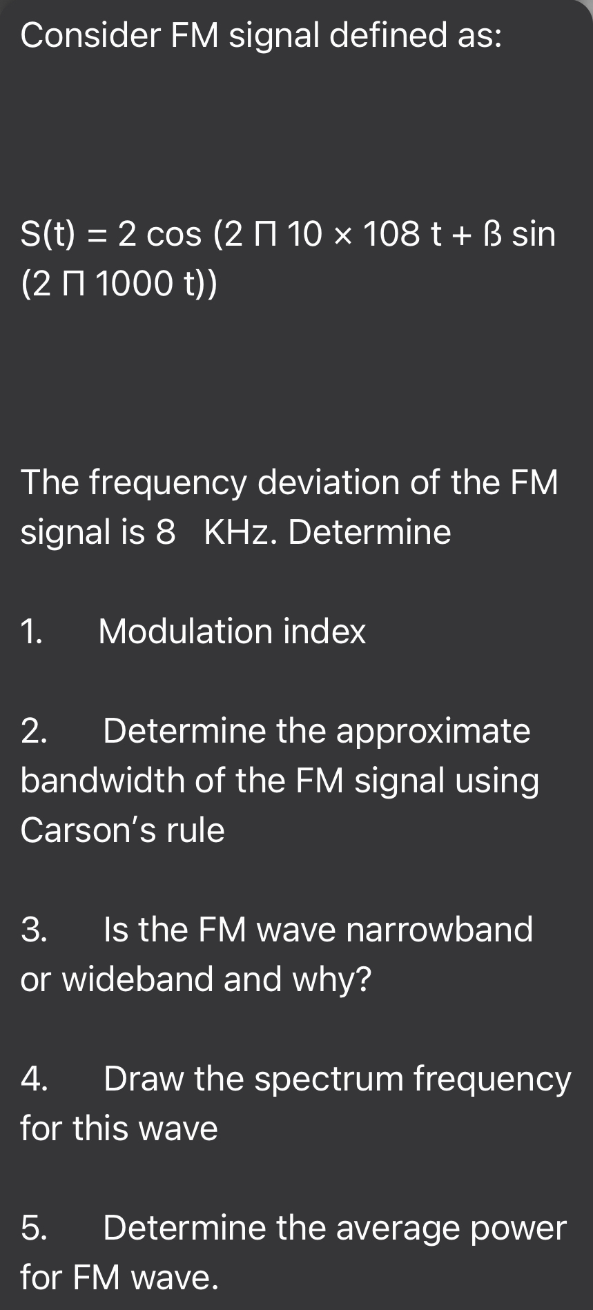 Solved Consider FM signal defined as:)((2Π1000t)The | Chegg.com