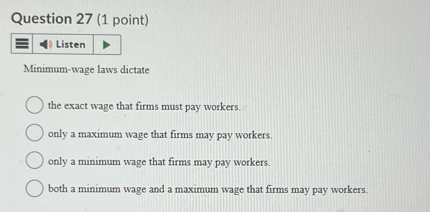 Solved Question 27 (1 ﻿point)Minimum-wage laws dictatethe | Chegg.com