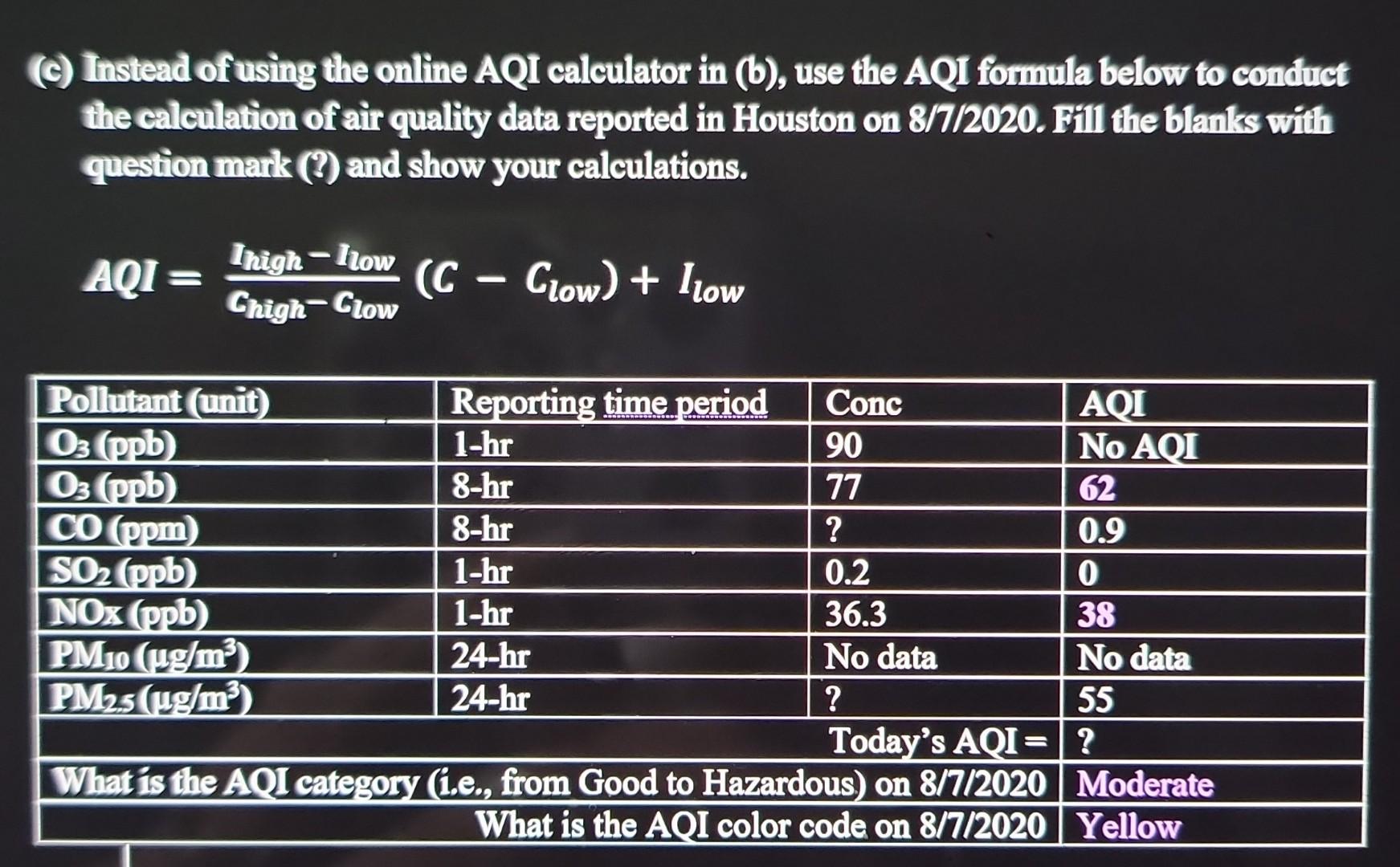Solved (c) Instead of using the online AQI calculator in | Chegg.com